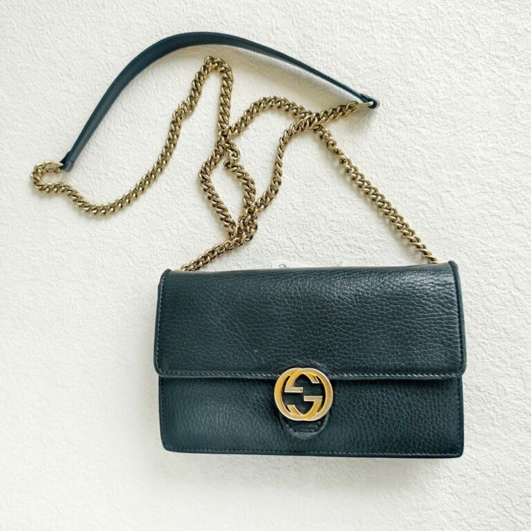 Gucci WOC Interlocking Wallet On Chain Black Calf Leather with Gold ...